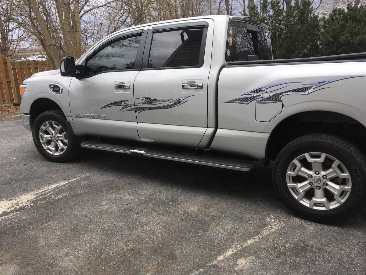 Chrome flames graphics on silver Titan Truck | xtreme digital graphix ...