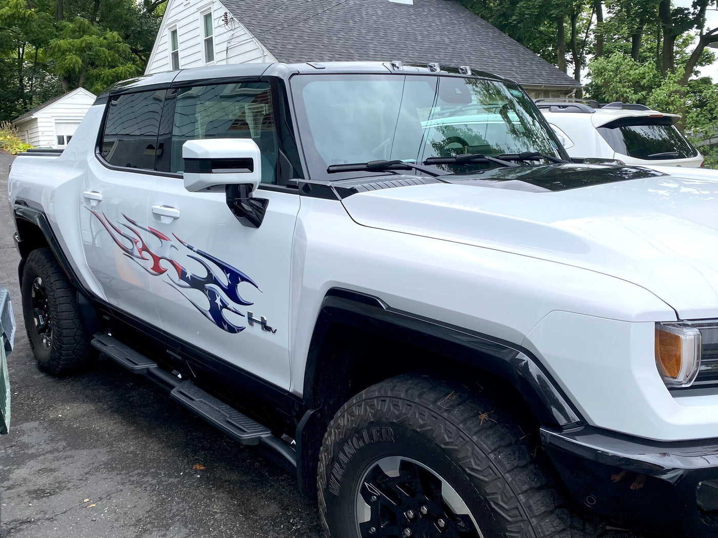 American Flag Flames vinyl Graphics on Customer white Hummer EV ...